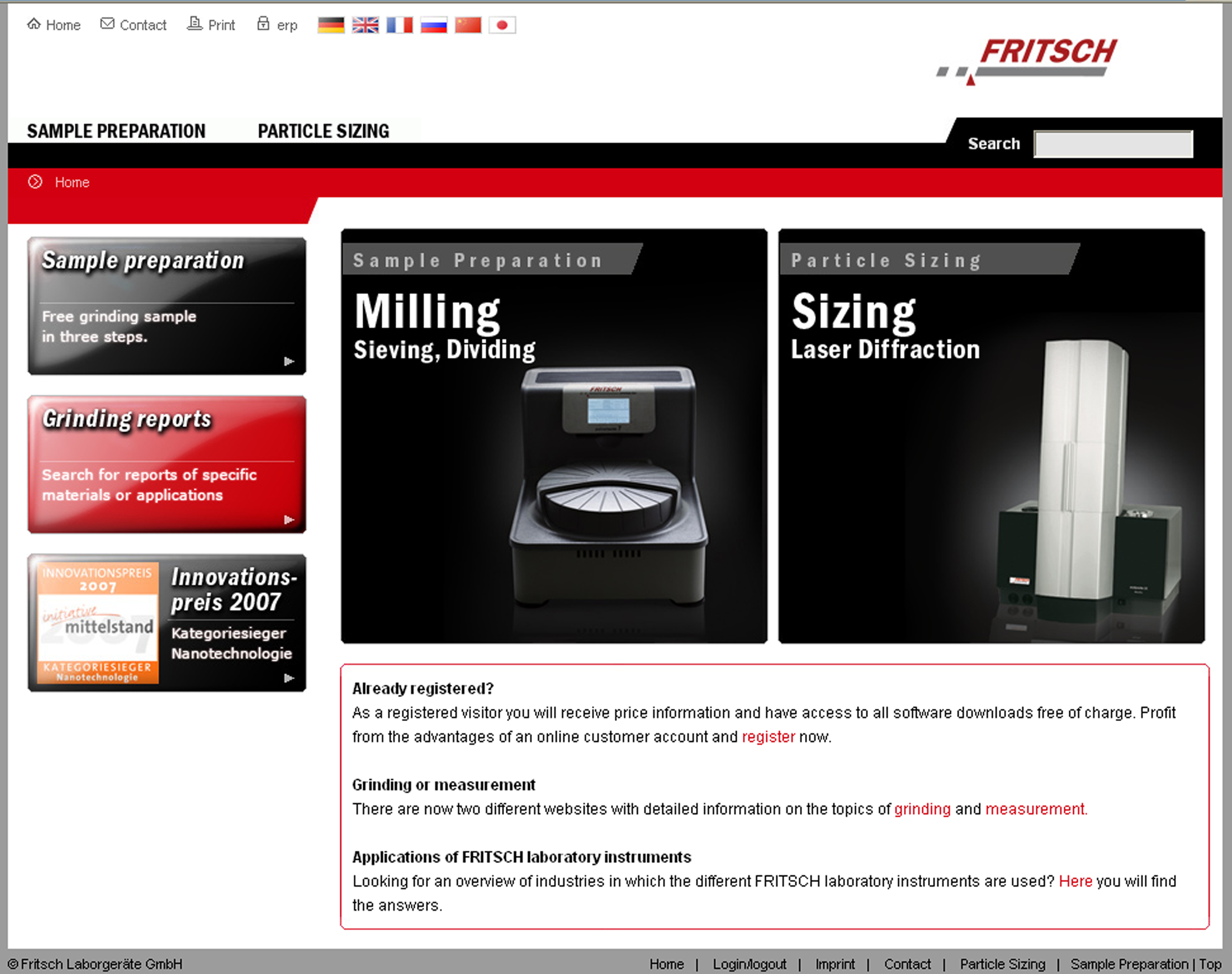 The new FRITSCH homepage with all its information centred around sample ...