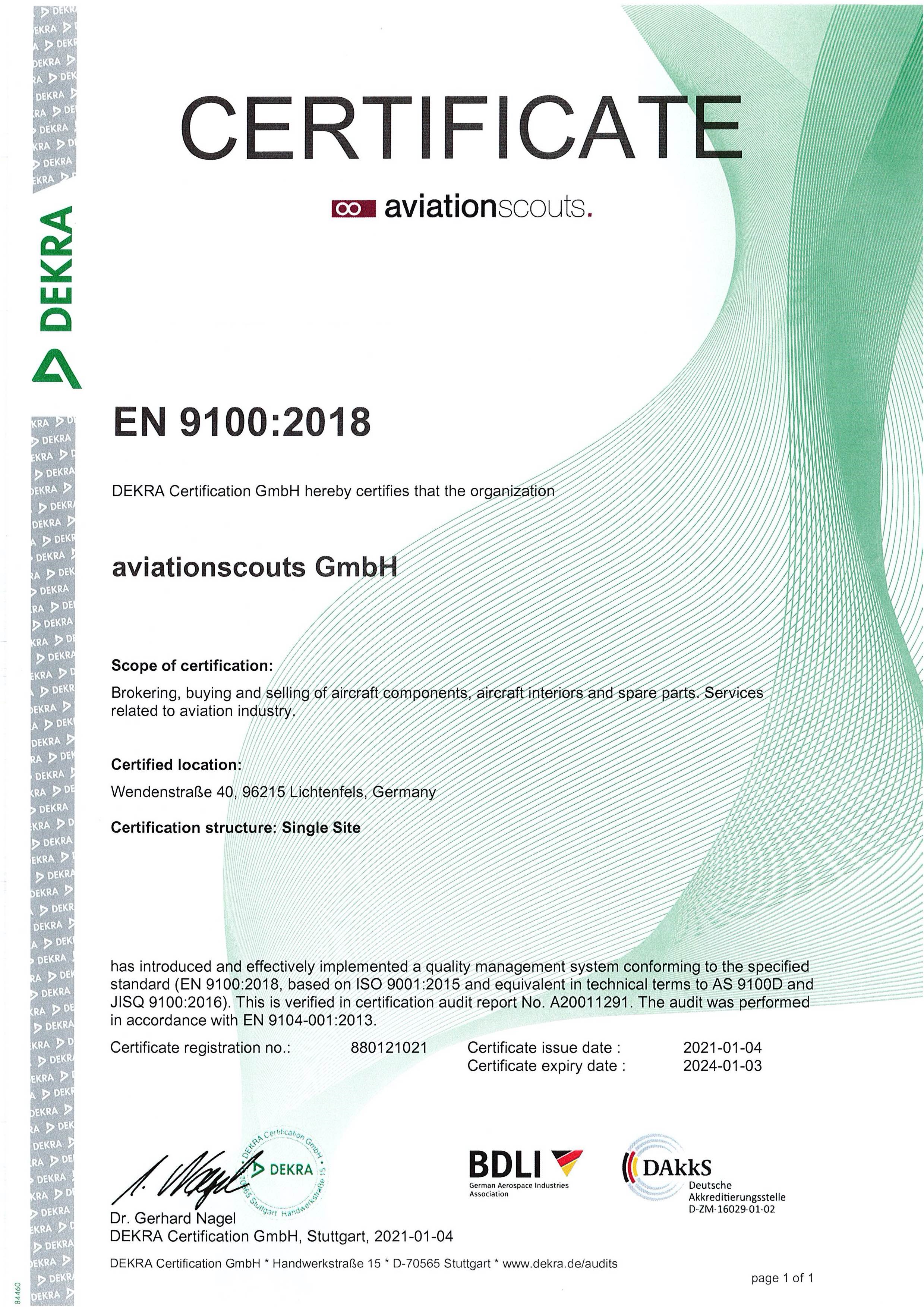 DEKRA confirms aviationscouts GmbH's certification according to EN 9100:2018 and ISO 9001:2015 ...