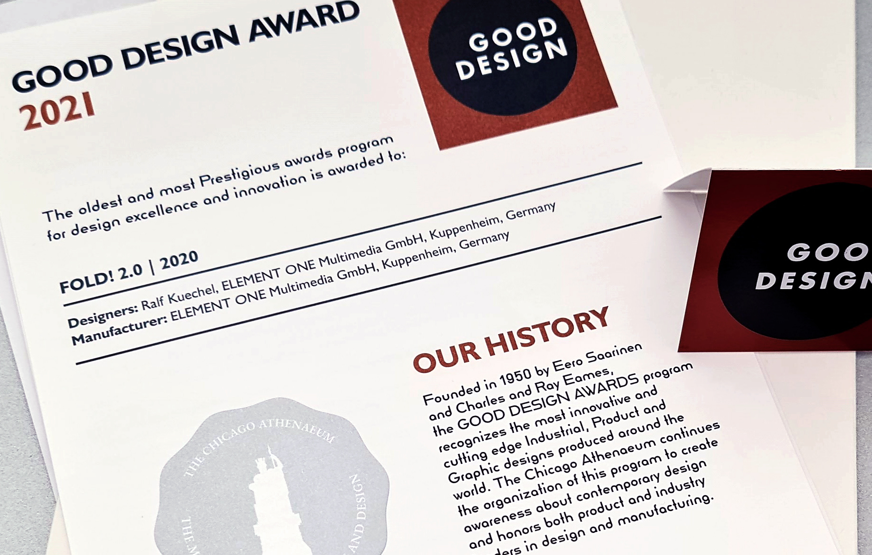 GOOD DESIGN AWARD 2021 für den FOLD! 2.0, ELEMENT ONE Multimedia GmbH ...